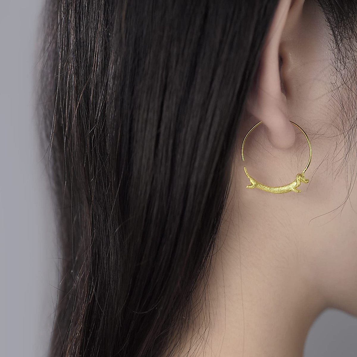 Lotus Fun S925 Sterling Silver Hoop Earrings Lovely Flying Dachshund Dog Big Round Hoop Earrings for Women (Sliver)