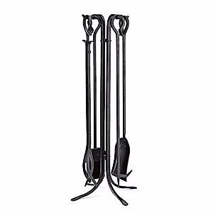 Plow & Hearth Tall 5 Piece Hand Forged Iron Fireplace Tool Set with Poker, Tongs, Shovel, Broom, and Stand 7-in Diam. x 32.5 H Black