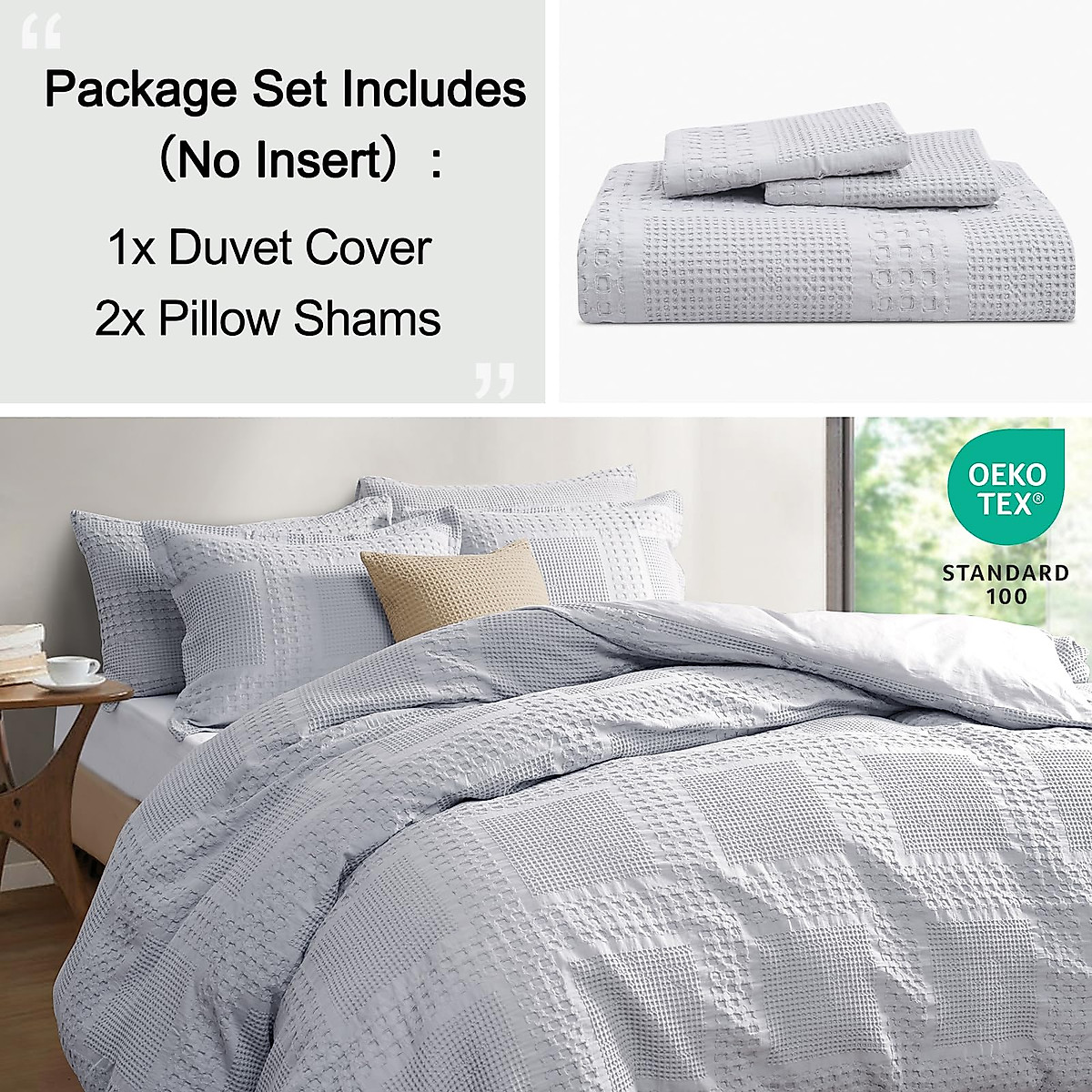 PHF 100% Cotton Waffle Duvet Cover Queen Size, 3 Pieces Soft Breathable Duvet Cover Set for All Season, Pre-Washed Decorative Textured Comforter Cover with 2 Pillow Shams, 90"x92", Light Grey
