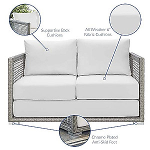 Modway Aura Outdoor Patio Wicker RattanSofa, Loveseat, Armchair and Coffee Table in Gray White