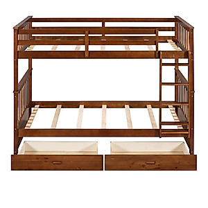 Harper & Bright Designs Twin Over Twin Bunk Beds with 2 Storage Drawers, Solid Wood Convertible Bunk Beds, Kids Twin Bunk Beds with Ladder, Safety Rail for Girls Boys Teens Adults,Walnut