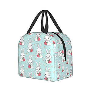 Ucsaxue Cute Bunny With Strawberry And Flowers Lunch Box Reusable Lunch Bag Work Bento Cooler Reusable Tote Picnic Boxes Insulated Container Shopping Bags For Adult Women Men