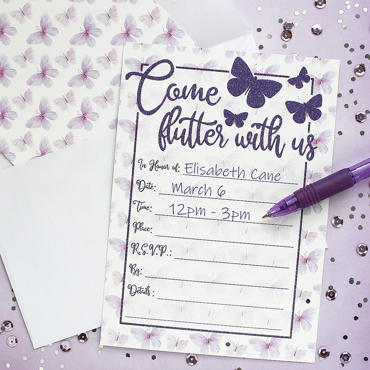 DISTINCTIVS Butterfly Birthday Party Invitations - Purple Butterfly Wishes - 10 Fill In Invite Cards with Envelopes - Come Flutter With Us Themed Party Supplies