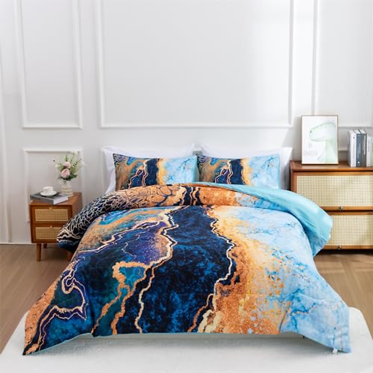A Nice Night Marble Like Burning Mountain Printed Bedding Set,Retro Style Watercolor Artwork Design,Ultra Soft Comforter Set (Blue, Twin(68-by-88-inches))