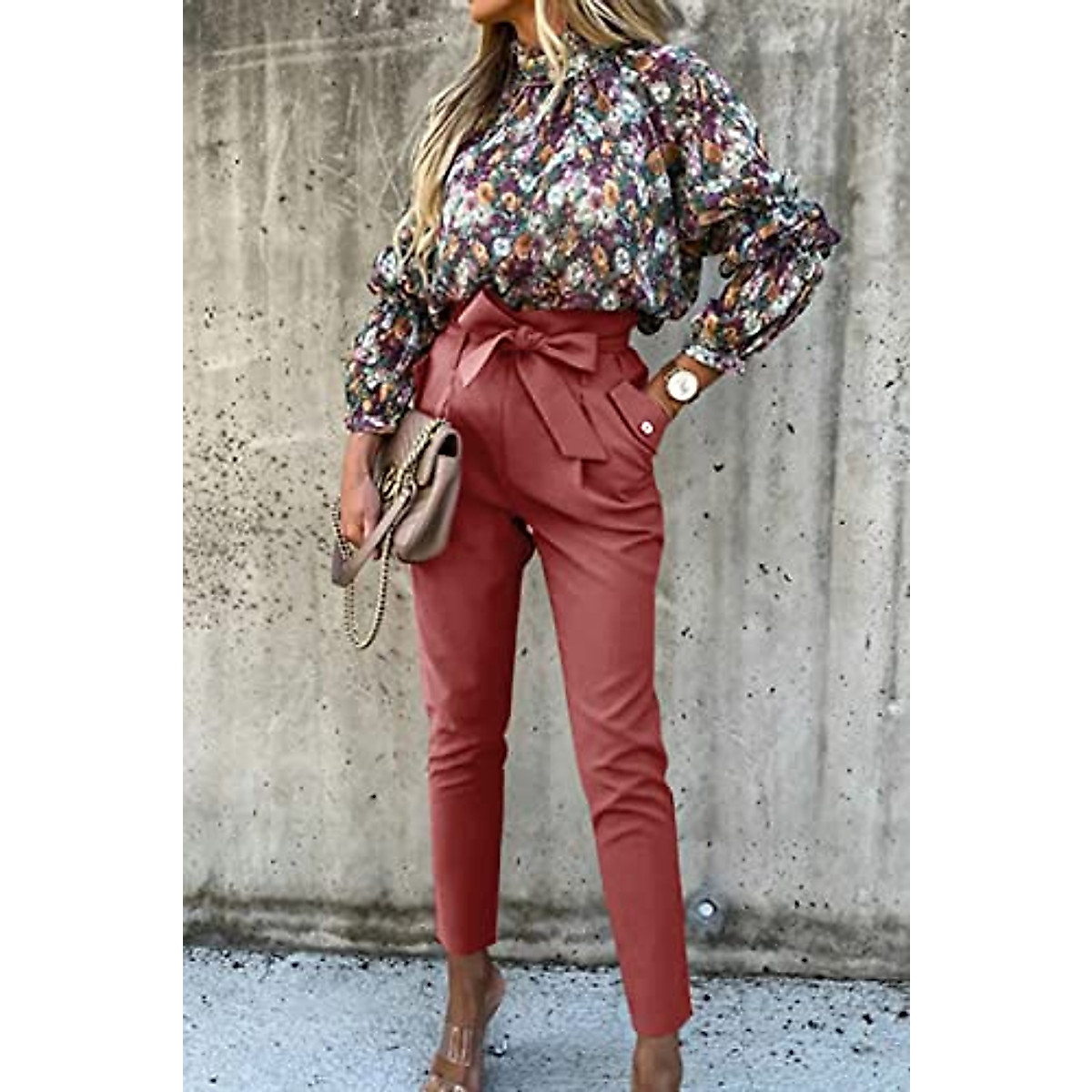 PRETTYGARDEN Women's Casual Long Pants High Waist Belted Paper Bag Work Pant Trousers with Pockets (Brick Red,Small)