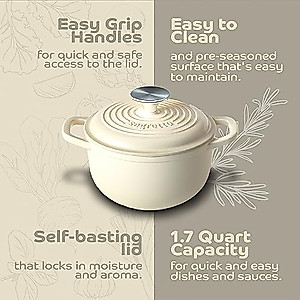 Segretto Cookware Enameled Cast Iron Dutch Oven Pot with Lid Bianco Perla (Pearl White) 1.7 Quarts Dutch Oven Cast Iron with Handle 1.7 qt Enamel Camping Small Dutch Oven for Bread Baking, Cooking