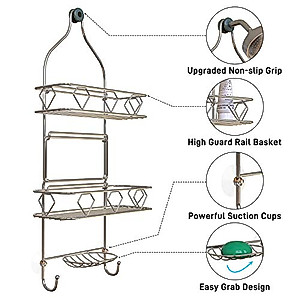 GeekDigg 3 Tier Hanging Shower Caddy, Shower Caddy Basket over Shower Head with Suction Cups, Hooks, Bathroom Caddies, Rustproof Stainless Steel, Silver