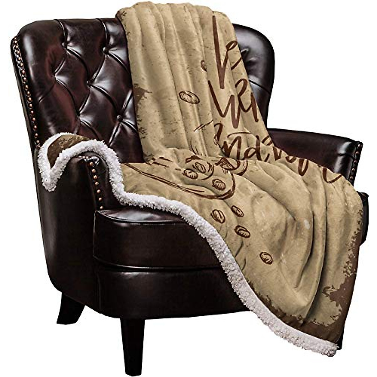Yun Nist Sherpa Fleece Throw Blankets Vintage Coffee Bean with Mug Super Soft Reversible Blanket, Wram Cozy Throws for Sofa Couch Bed Warm Quotes 60x80in