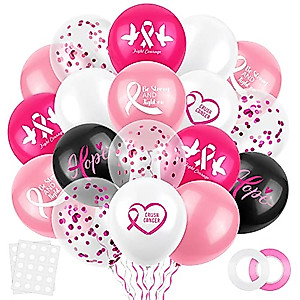 Grehge ces Pink Ribbon Latex Balloons Breast Cancer Awareness Balloons Transparent Confetti Glitter Balloons Set Printed Balloons with Ribbons for Charity Fundraiser Party Supplies, 8 Designs