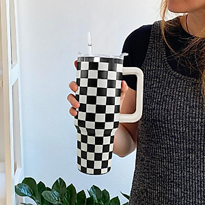 30 Oz Checkered Tumbler with Handle Lid and Straw, Checkered Tumbler Water Bottle Travel Coffee Cup Mug,Checkered Gifts for Women Men