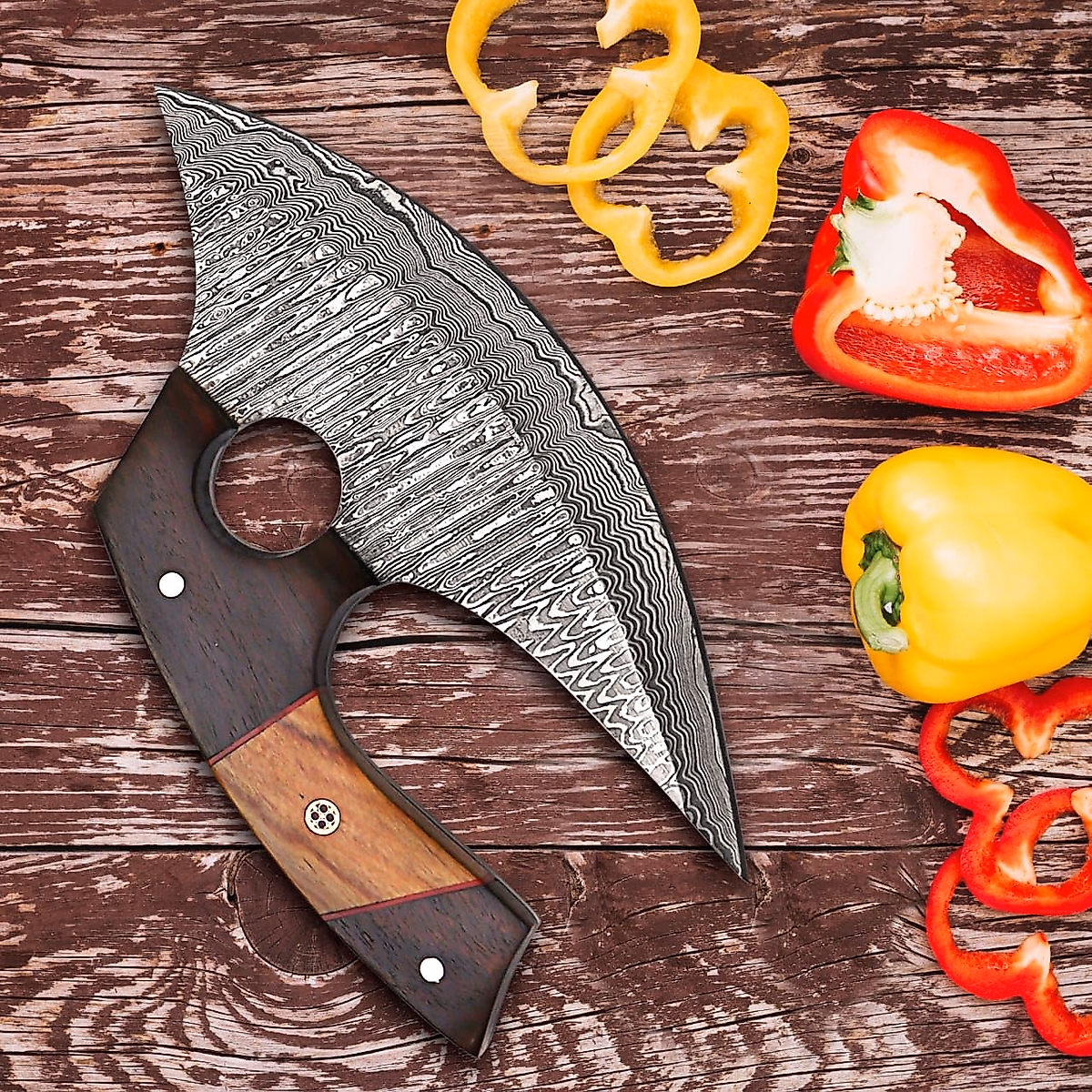 RC Damascus ULU Knife with Free Leather Sheath-7.4"Handmade Pizza Cutter with Non-Slip Handle-Alaskan Ulu Knife Used For Multi-Purpose And Gifting"Your SATISFACTION its ultimate goal!