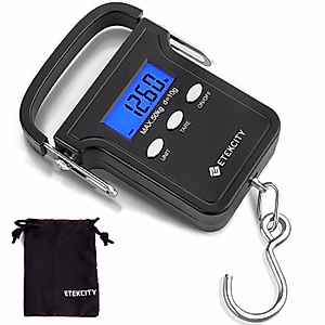 Etekcity Fishing Scale with Backlit LCD Display, 110lb/50kg Digital Electronic Hanging Hook Scale with Batteries and Carry Pouch Included, Black, Non-Slip Handle