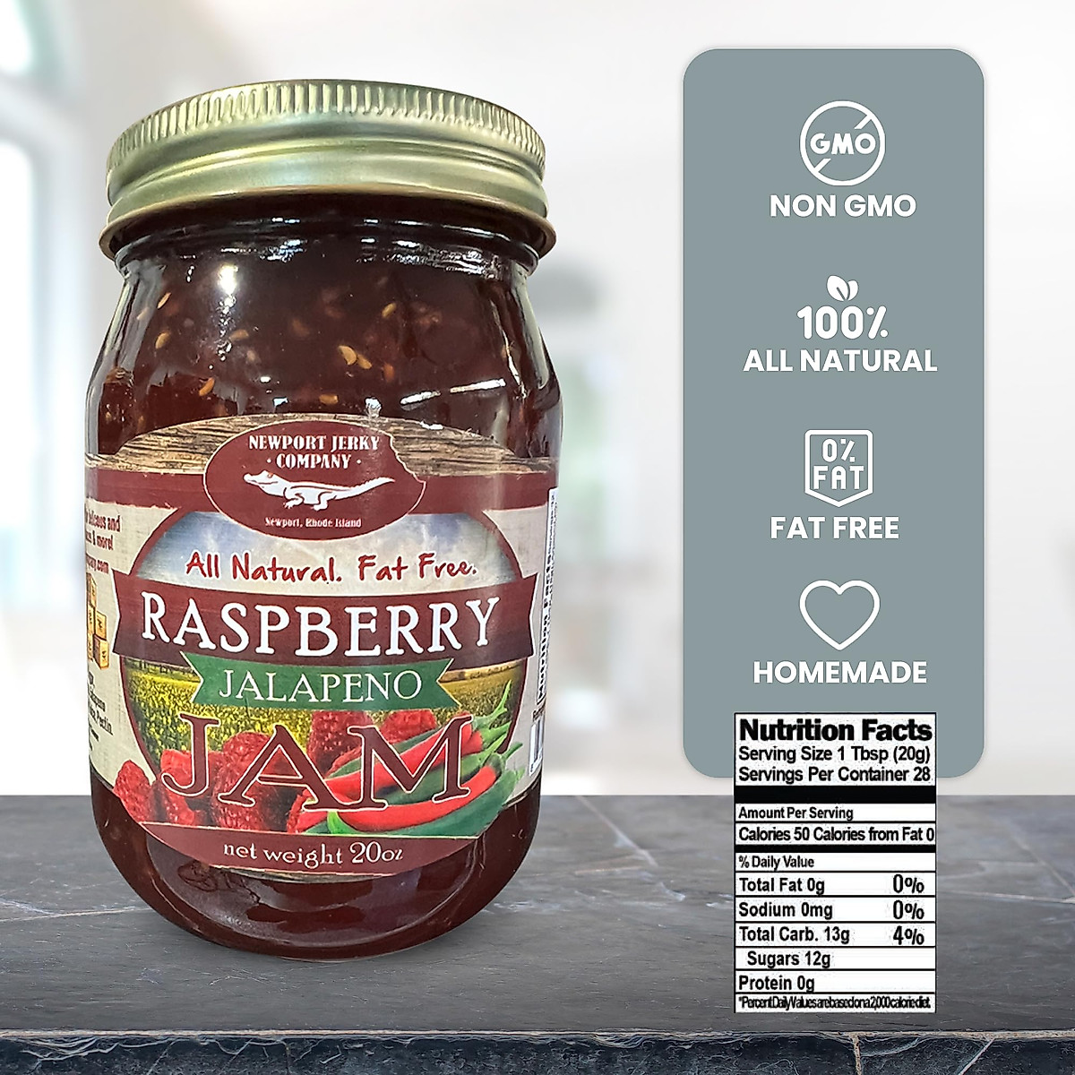 Newport Jerky Company All Natural Gourmet Raspberry Jalapeno Jam | Classic Spread for Burgers, Sandwiches, Toast, Cream Cheese, Charcuterie | Made in the USA! | Large Re-Usable 20 oz Glass Jar | FAT FREE, GLUTEN FREE & ALL NATURAL