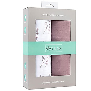 Ely’s &Co. Muslin Swaddle Blanket 2-Pack — 100% Cotton Muslin Extra-Large Swaddle Blankets (47” x 47”) Solid + Printed (Delicate Leaves + Solid Lavender)