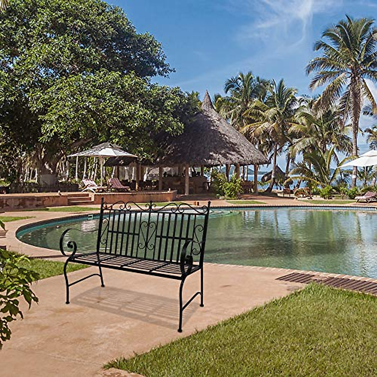 VINGLI Patio Steel Garden Bench with Black Finish, Weather Resistant Patio Metal Bench for Courtyards, Lawns, Balconies, Pools and Beaches