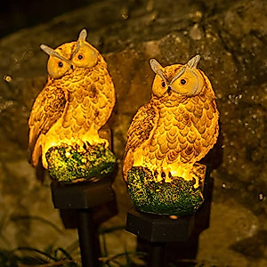 Dazzle Bright Owl Figure Solar LED Lights, Resin Garden Waterproof Decorations with Stake for Outdoor Yard Pathway Outside Patio Lawn Decor to Scare Birds Away, Brown (2 Pack)