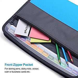 MEGREZ Expanding File Folder with 13 Pockets, A4 Paper File Folder with Zipper Color Labels, Waterproof Accordion File Folder Organizer for Home Office, Blue