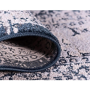 Unique Loom Leila Collection Distressed, Traditional, Vintage, Border, High-Low Pile, Botanical Area Rug, 8' 0 x 8' 0 Square, Navy Blue/Ivory