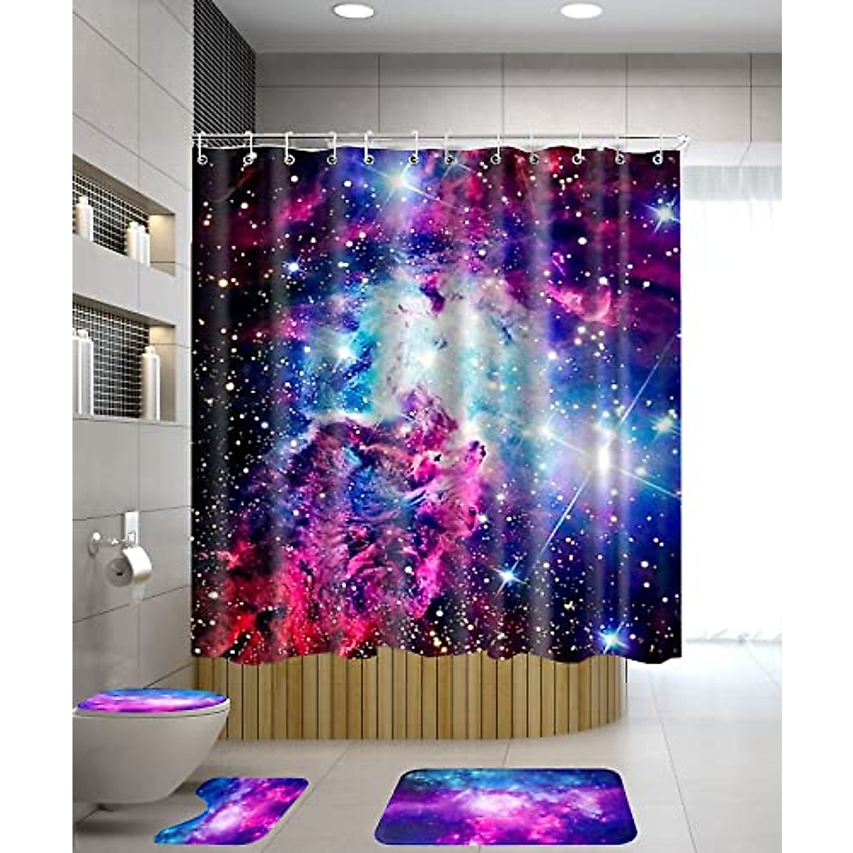 Amagical Galaxy Space Colorful Nebulae Purple Star Sky 16 Piece Bathroom Mat Set Shower Curtain Set Bath Mat Contour Mat Toilet Cover Fabric Shower Curtain with 12 Hooks