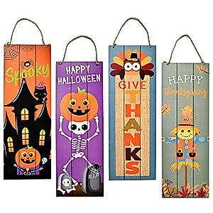Thanksgiving Fall Welcome Sign Set of 2 for Front Door Wall Signs Hanging Wood Double Sided Spooky & Happy Halloween Indoor Outdoor Harvest Decoration Autumn Porch & Yard Party Supplies Decor 17"x 6"