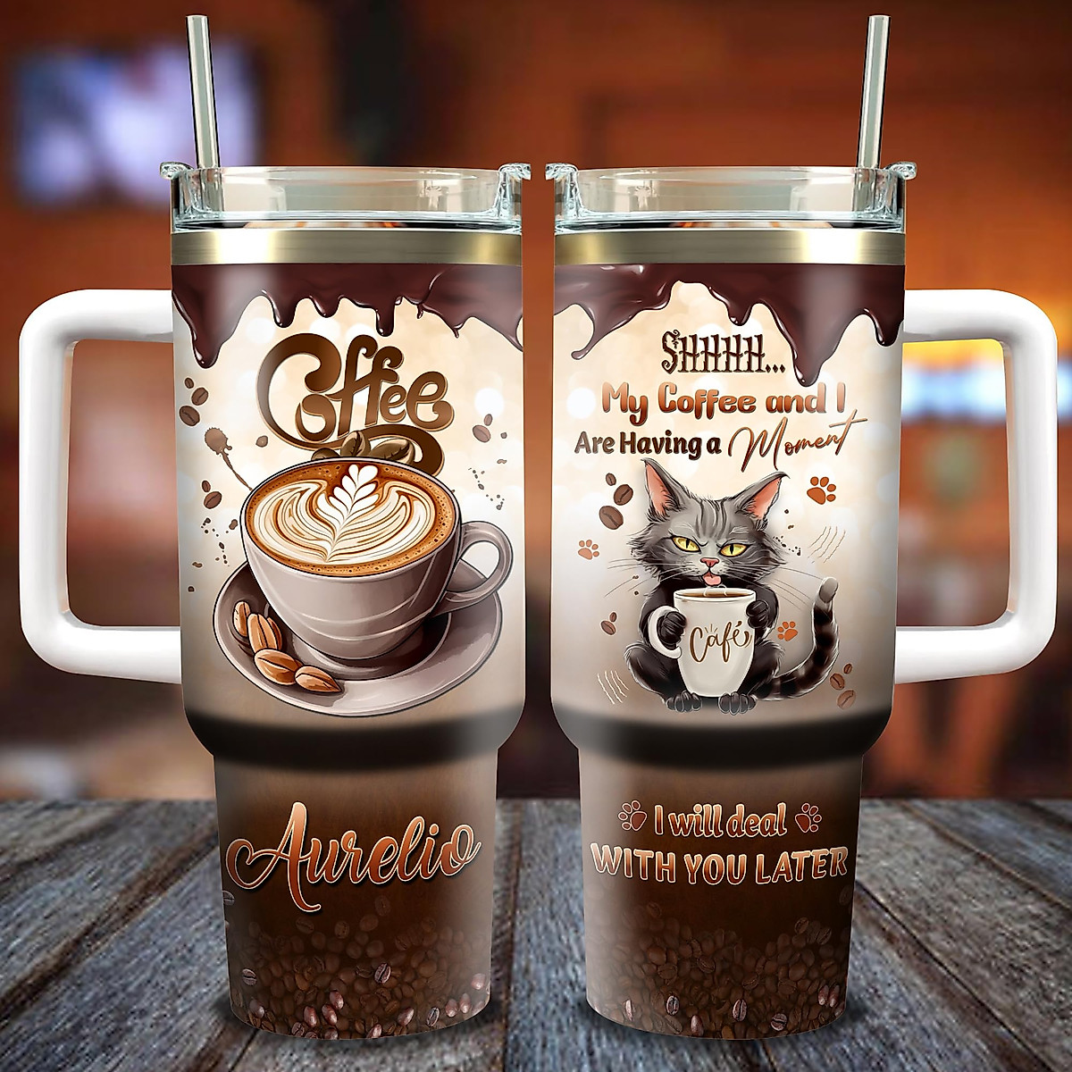 WAZONE Personalized Shh My Coffee And I Are Having A Moment 40oz Tumbler with Handle and Straw Lid Insulated Travel Mug Funny Customized Animal Gifts For Cat Lovers Men Women Birthday Present