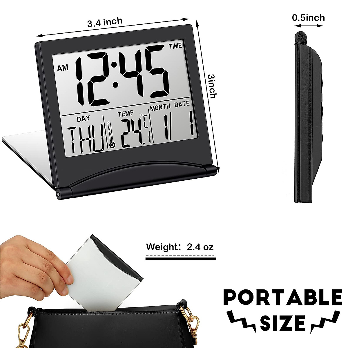 Hicarer 2 Pieces Digital Travel Alarm Clock Battery Operated Foldable LCD Clock with Calendar Temperature Snooze Mode Multifunction Small Desk Clock Portable Clock Large Display Desk Clock(Black)
