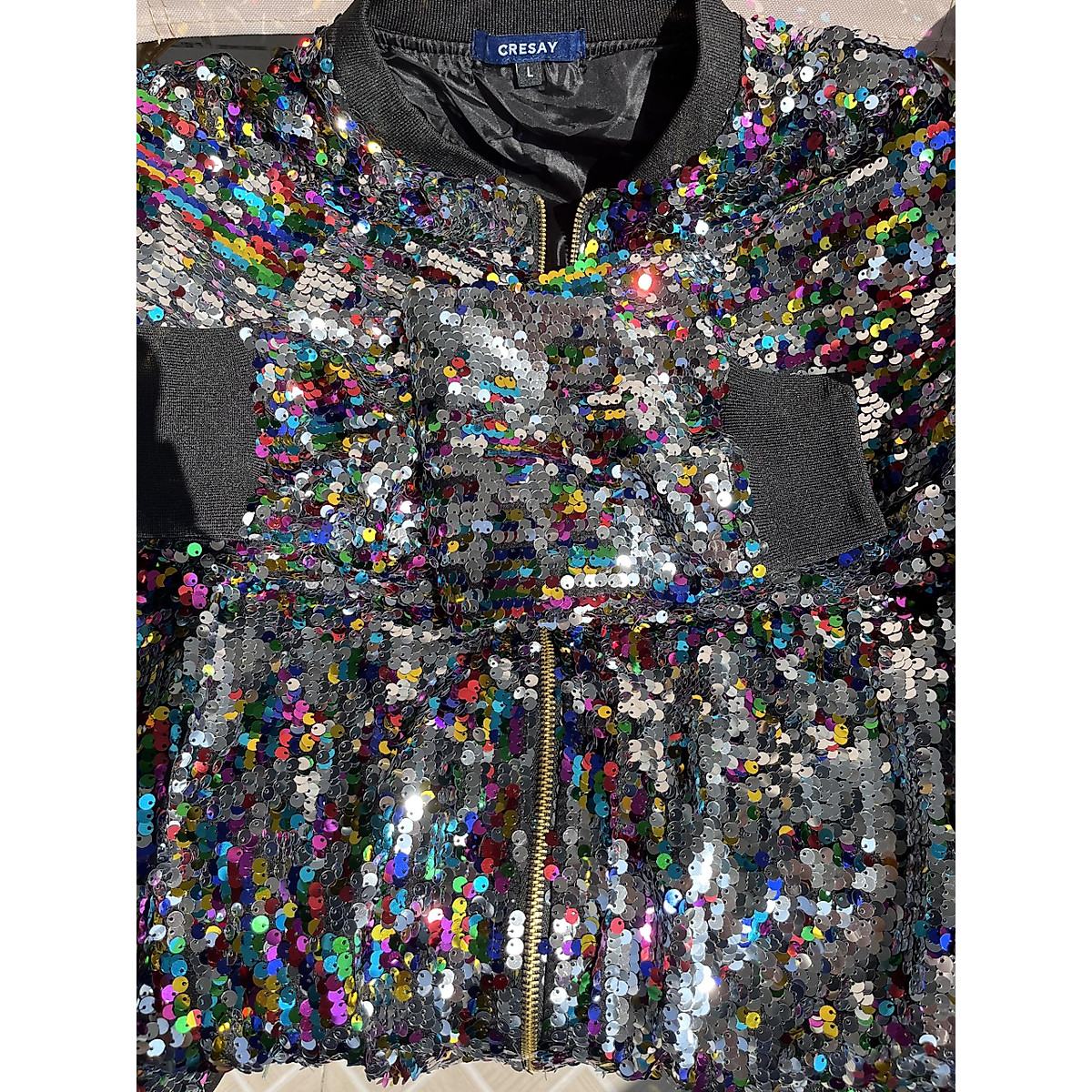 Cresay Women's Sequin Fitted Long Sleeve Zipper Blazer Bomber Jacket-Rainbow S