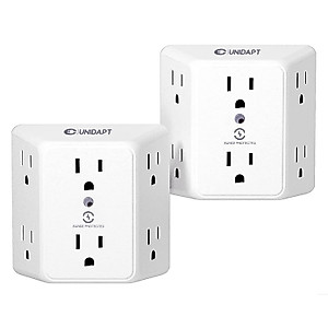 Unidapt Multi Plug 6 Outlet Extender, 2 Pack Surge Protector Wall Splitter, 1800J Power Strip 3 Side Wide Spaced Adapter Multiple Charger Expander, Mountable Wall Tap for Office Home Travel ETL Listed