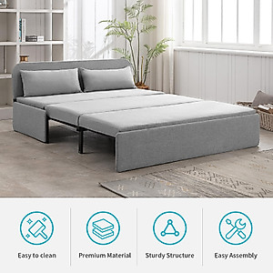 CECER Queen Size Pull Out Sofa Bed, Pull Out Couch Bed with 2 Pillows, Linen Convertible Sleeper Sofa with Foldable Mattress, 2 in 1 Armless Sleeper Sofa for Living Room (Light Grey)