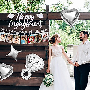 Trgowaul Engagement Wedding Decorations, Silver Happy Engagement Banner with 7PCS Photo Banner for Bridal Shower, Ring Foil Balloon, Just Engaged Cake Topper Bridal Shower Supplies