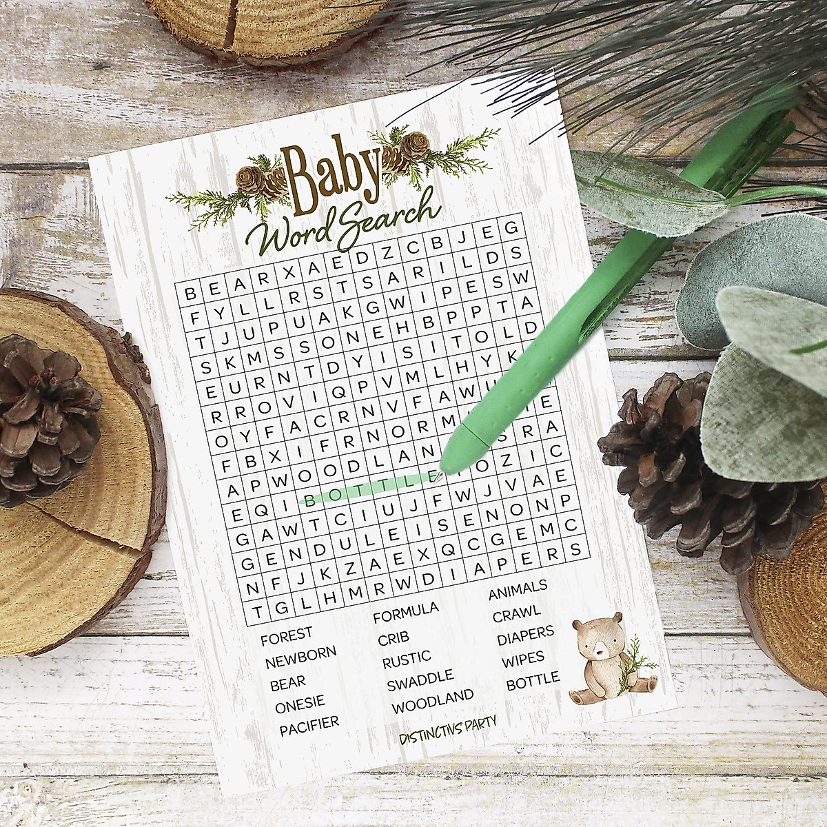 DISTINCTIVS Woodland Bear Word Search Baby Shower Party Game - 20 Player Cards