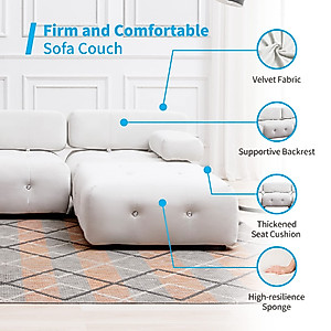 Mjkone Modular Sectional Sofa with Reversible Chaise, Velvet L Shaped Cloud Couch with Reversible Ottoman, 4 Seater Couch Button Tufted Designed Cloud Sofa, DIY Combination Sofa for Living Room,Beige