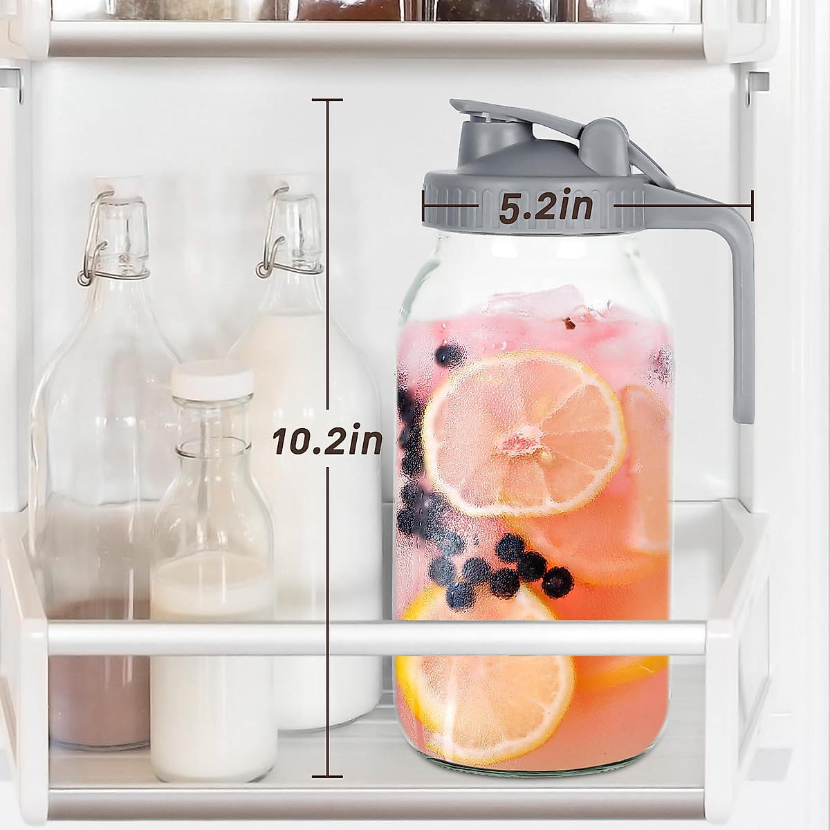 64 oz Pitcher Mason Jar - Heavy Duty Wide Mouth Jar with Flip Cap Lid and Pour Spout - Airtight Seal for Freshness and Convenience - Great for Cold Beverages, Breast Milk, and Home Entertaining