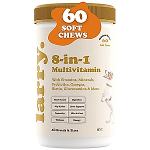 Larry 8-in-1 Multivitamin Dog for Small Dogs | Heart, Digestion, Liver, Skin, Coat, & Joint Support for Dogs | with Vitamins, Minerals, Omegas, & Glucosamine Chondroitin | 60 Soft Chews
