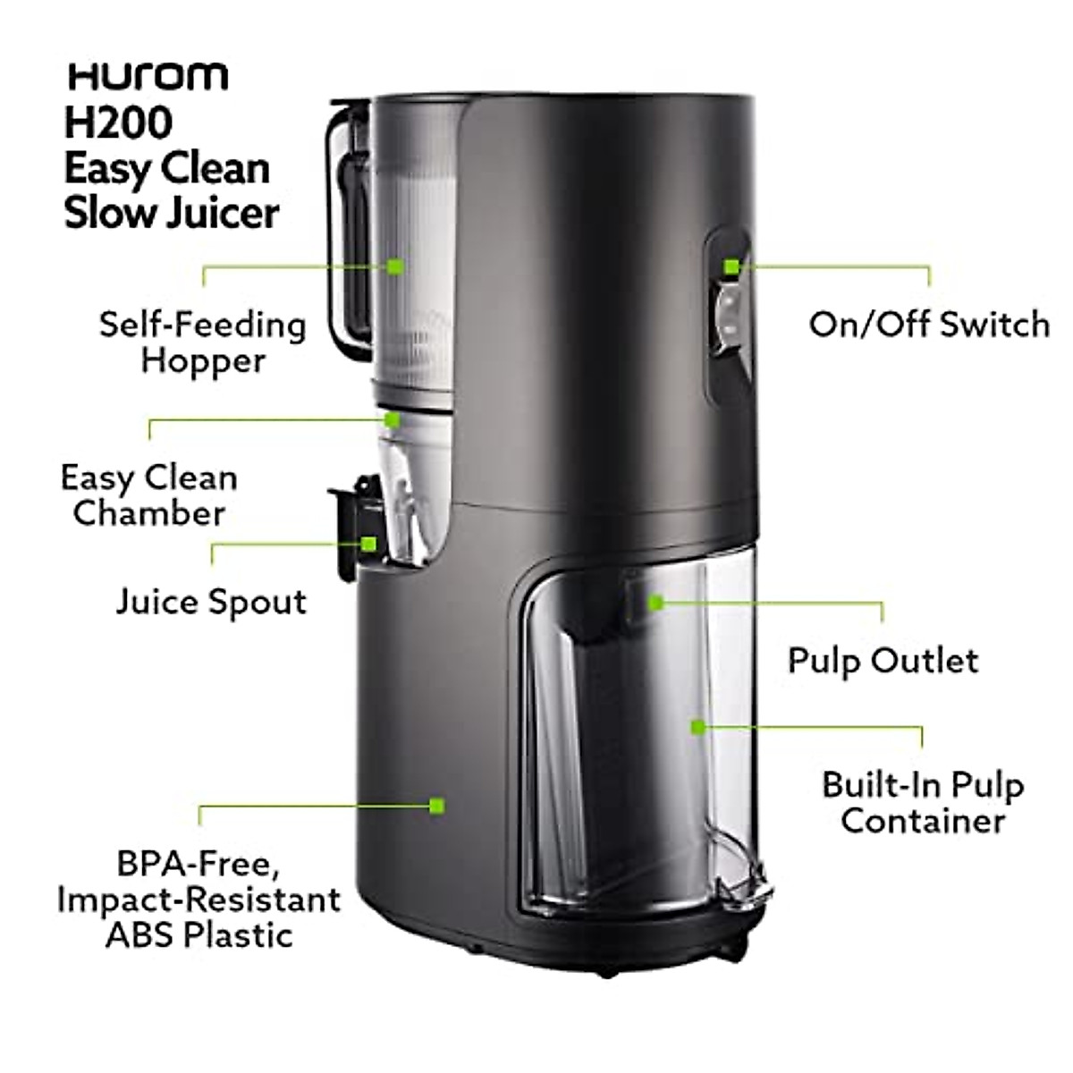 Hurom H-200 Easy Clean Electronic Juicer Machine (Black) - Self Feeding Slow Juicer w Big Mouth Hopper to Fit Whole Fruits & Vegetables - Healthy Living - Rinse Clean No Scrub BPA Free Easy Assembly