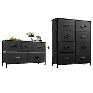 WLIVE 5-Drawer Dresser and 8-Drawer Dresser Set, Fabric Storage Tower for Bedroom, Hallway, Nursery, Closets, Tall Chest Organizer Unit with Textured Print Fabric Bins, Steel Frame, Wood Top, Easy Pul