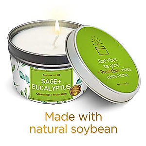 Magnificent 101 Long Lasting Sage + Eucalyptus Scented Smudge Candle | 6 Oz - 35 Hour Burn | All Natural & Organic Soy Wax Candle for Energy Cleansing & Manifestation | Fortify Life's Uncertain Path