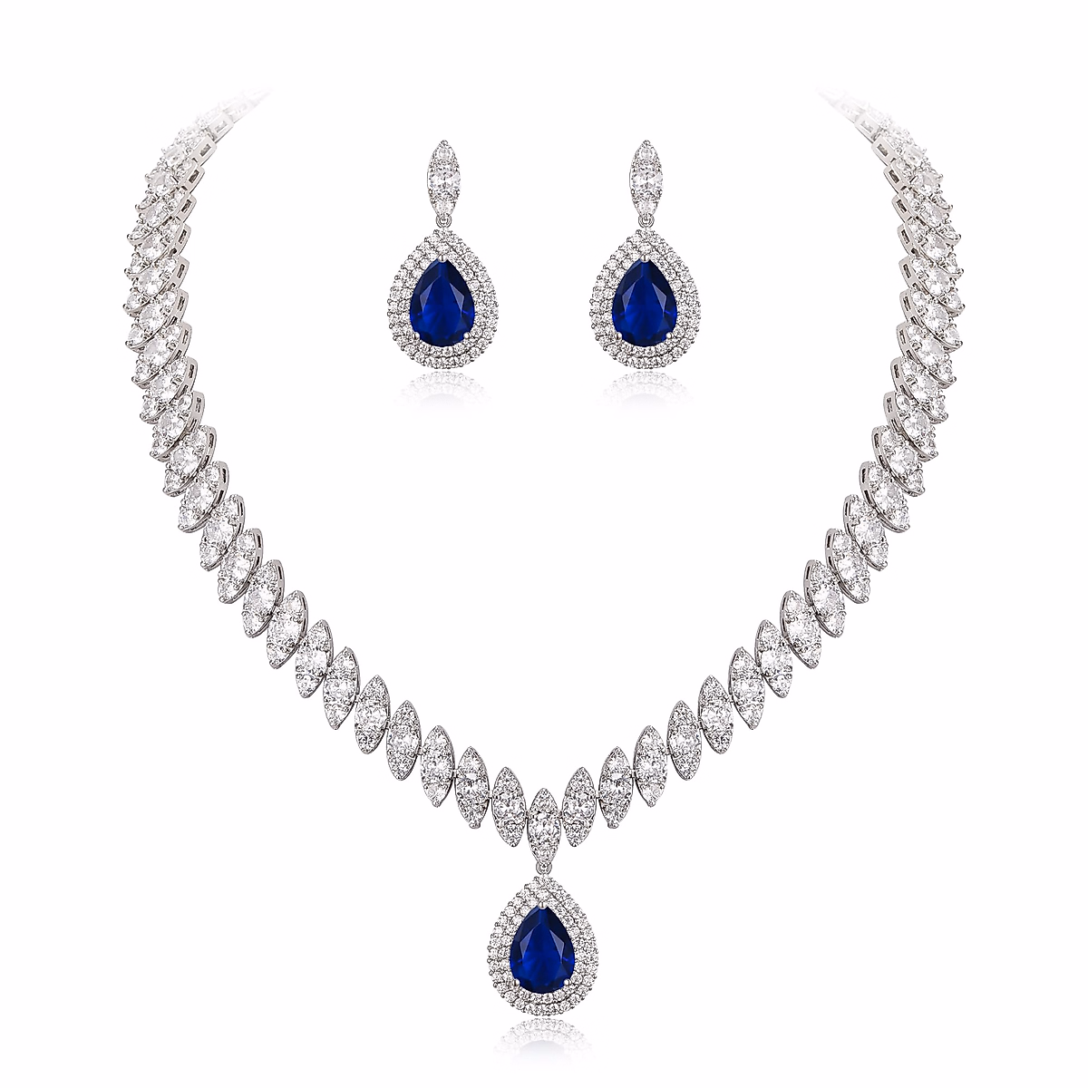 EVER FAITH Women's Marquise CZ Leaf Teardrop Wedding Pendant Necklace Earrings Set Blue Silver-Tone