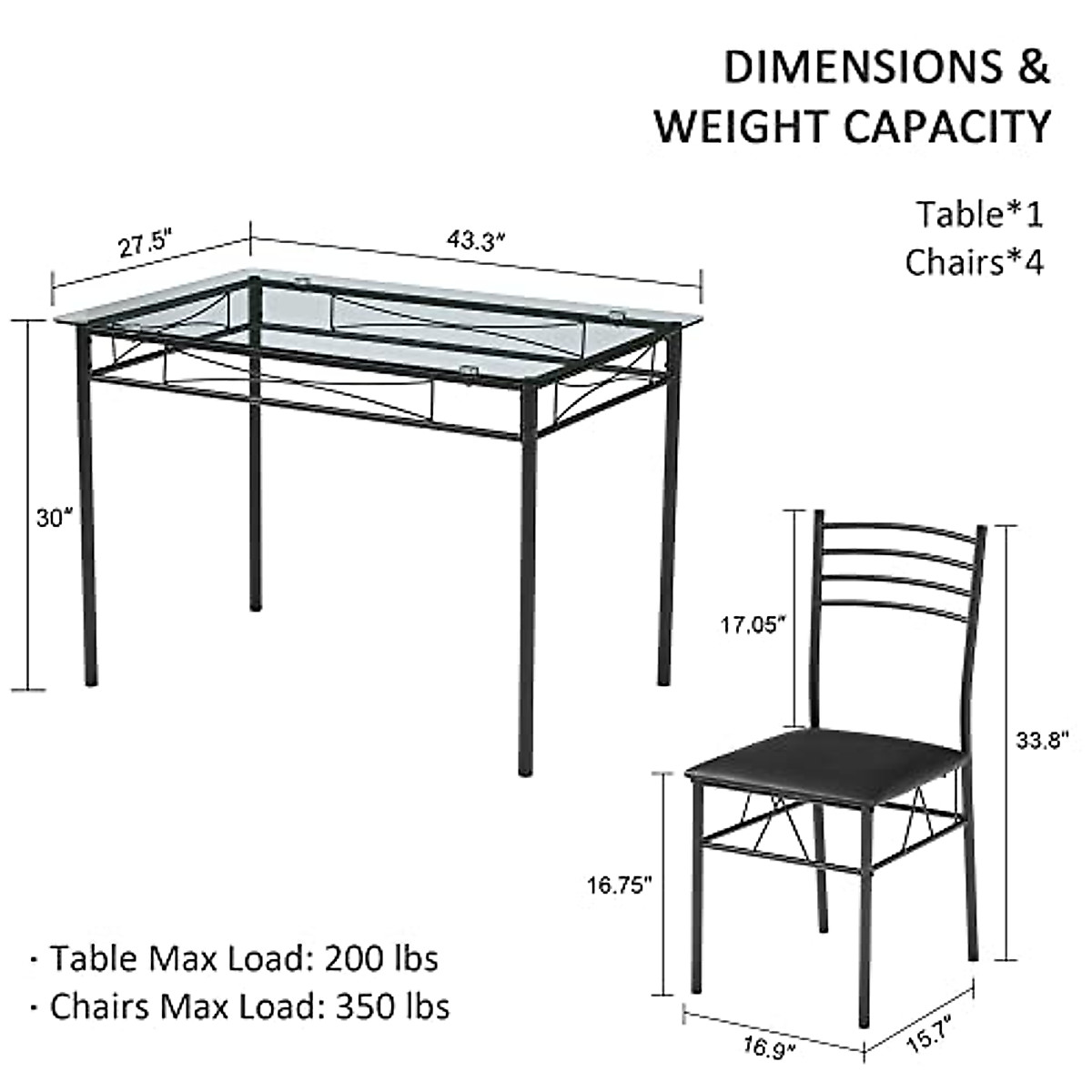 VECELO Dining Table with 4 Chairs [4 Placemats Included, Black, 43.3x27.5x30, 15.7x16.9x33.8