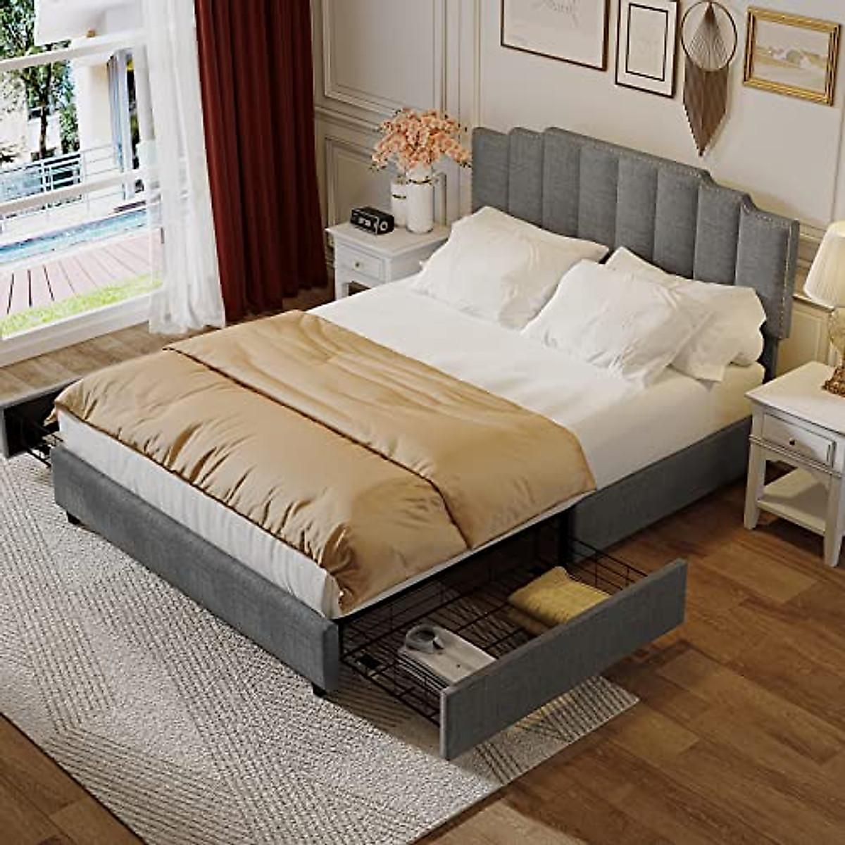 Origeture Queen Bed Frame with 2 Storage Drawers and Adjustable Headboard, Upholstered Linen Padded Platform Bed, Strong Wooden Slats Support, No Box Spring Needed, Easy Assembly, Noise-Free (Grey)
