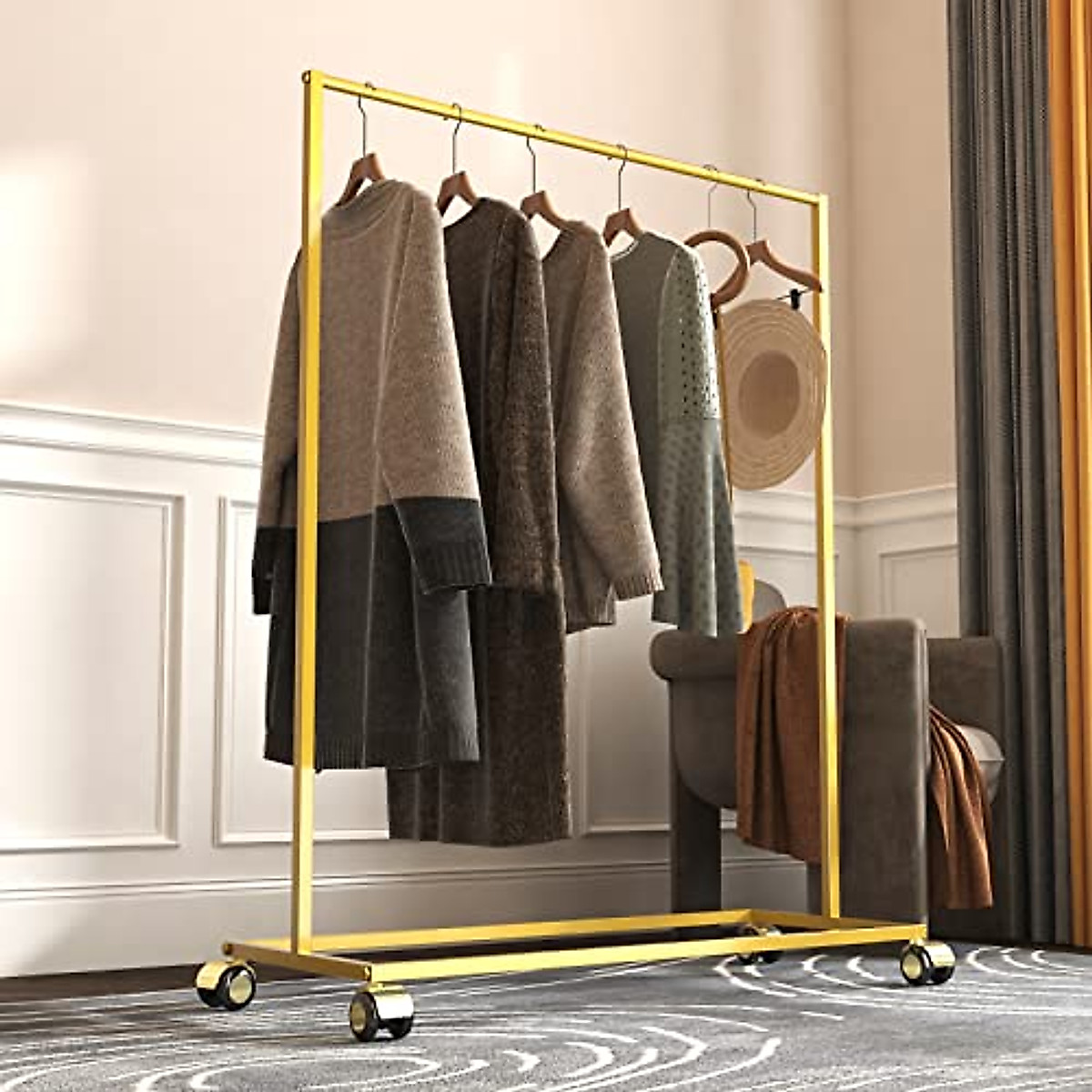 MaiRHK Metal Clothing Rack on Wheels, Gold Garment Rack Rolling Hanging Rack for Bedroom, Hall, Clothes Store and Boutique-(39''L)