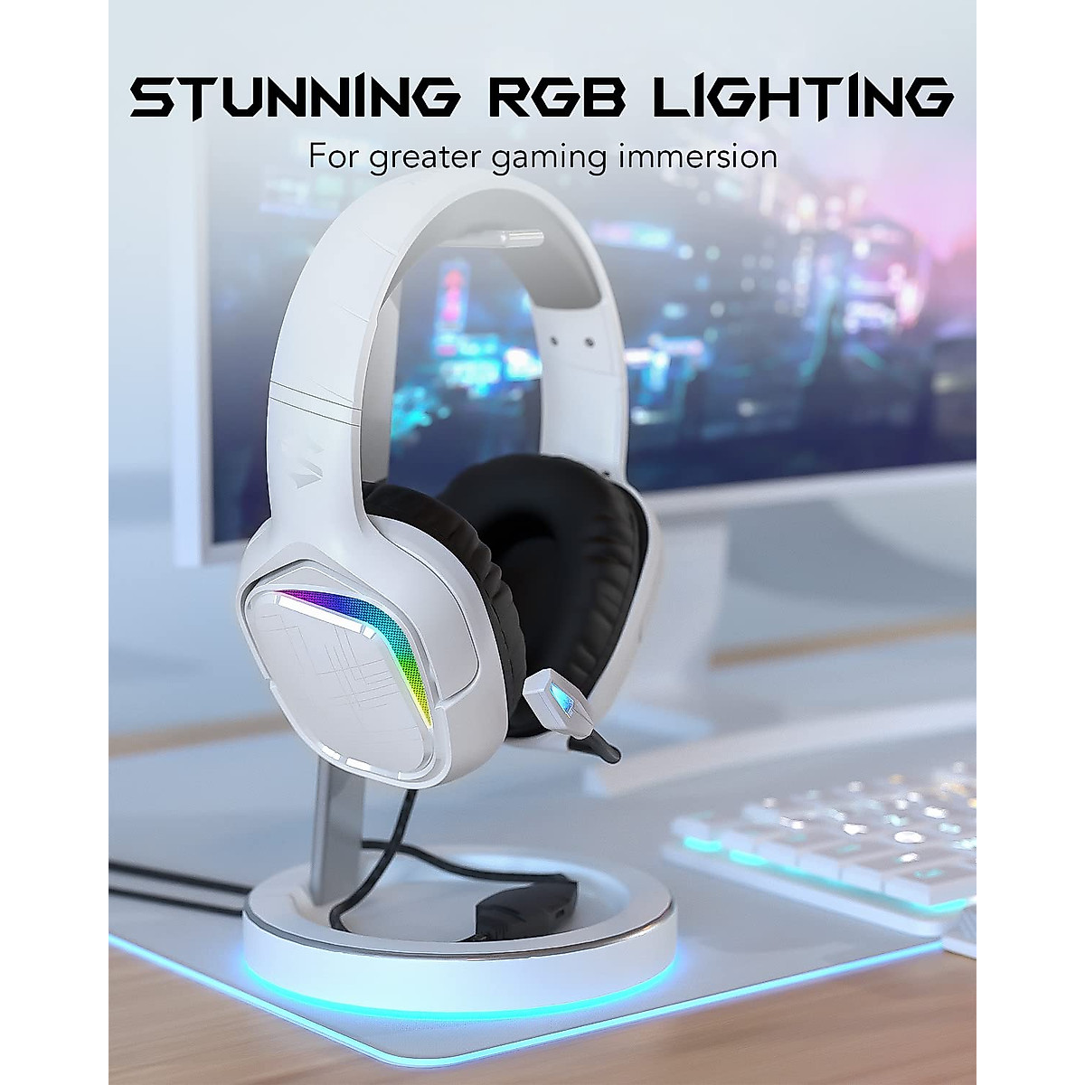 Black Shark Gaming Headset for PC, PS4, PS5, Xbox, Switch, All-in-1 Gaming Headphones with Ultra-Clear Bendable Mic, 50mm Dynamic Drivers, Noise Isolation Ear Cushions, in-line Controls - White