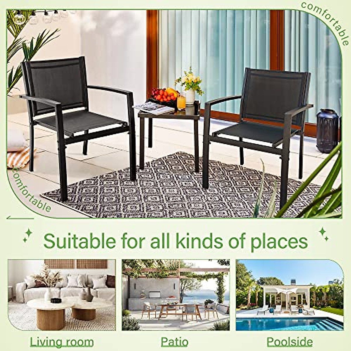Devoko 3 Pieces Patio Furniture Set Outdoor Textilene Bistro Set Modern Porch Furniture Patio Chairs Set of 2 with Coffee Table for Lawn Backyard