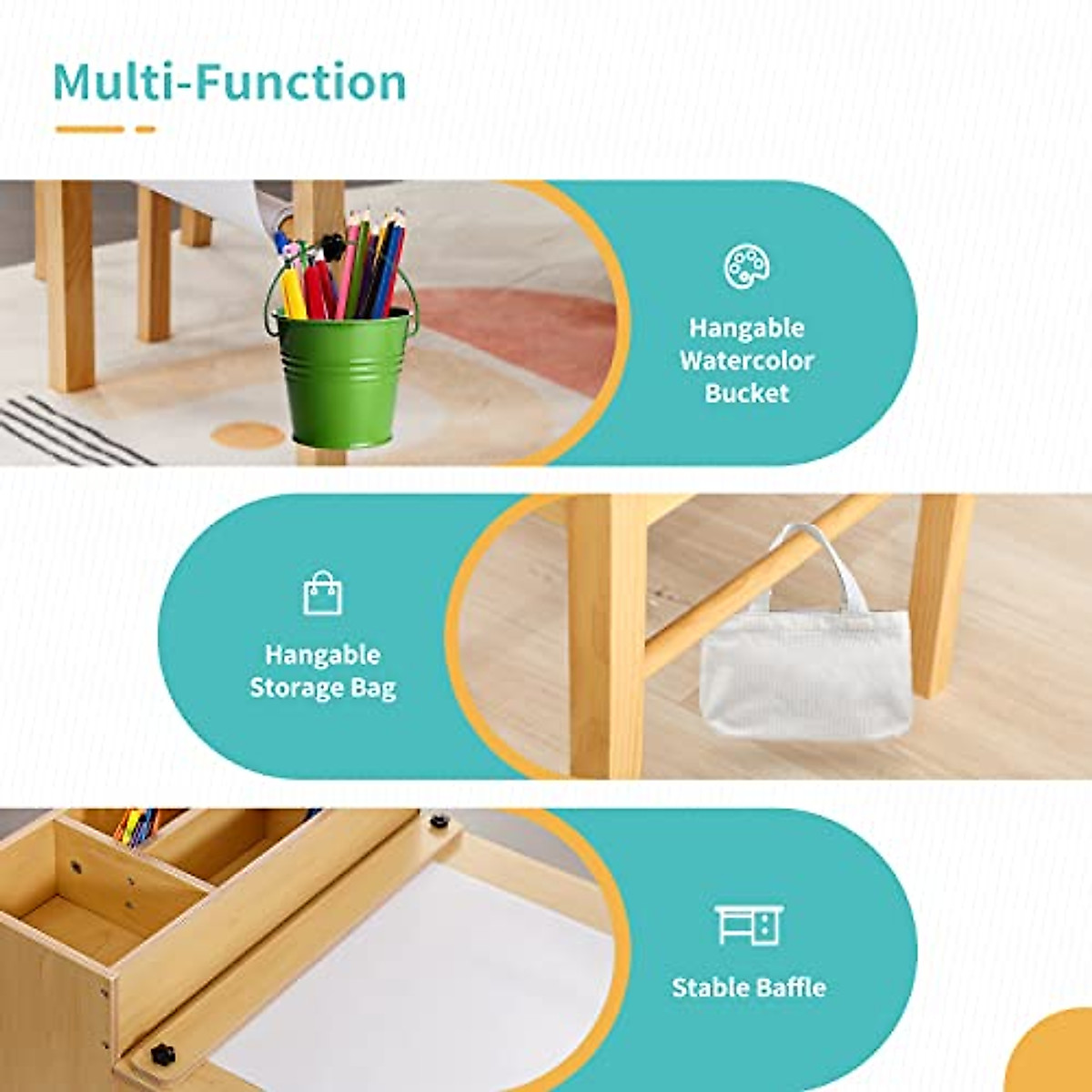 Kids Art Table, Wooden Kids Craft Table for Playroom, Kids Activity Table with 2 Chairs, 4 Storage Baskets, 2 Rows of Storage Racks and Paper Rolls (Wood)