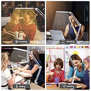 TROPICALTREE LED Desk Lamp, Swing Arm Desk Light with Clamp, 3 Lighting 10 Brightness Eye-Caring Modes, Reading Desk Lamps for Home Office 360°Spin with USB Adapter & Memory Function white-14W