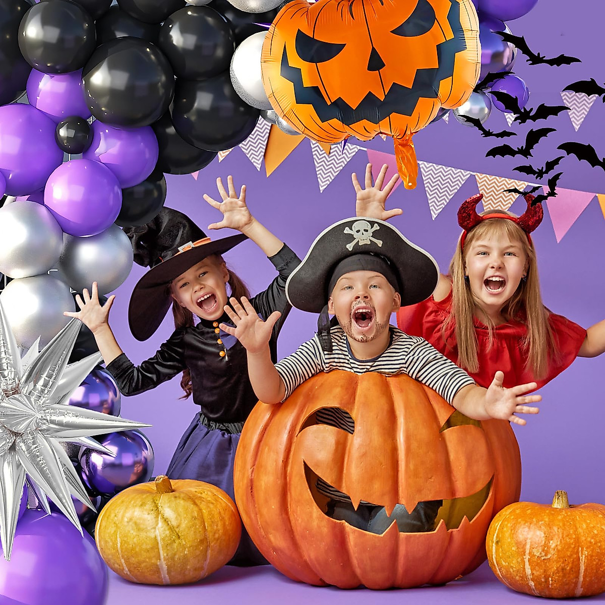 156Pcs Halloween Balloons Arch Garland Kit, Halloween Birthday Party Decoration with Purple Silver Pumpkin Balloon Spider Web Bat Decoration for Halloween Baby Shower Scary Halloween Decoration