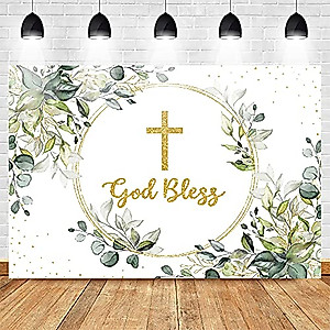 Mocsicka Greenery Baptism Backdrop Green and Gold God Bless Background First Holy Communion Christening Party Cake Table Decoration Banner Photo Booth Props (7x5ft)