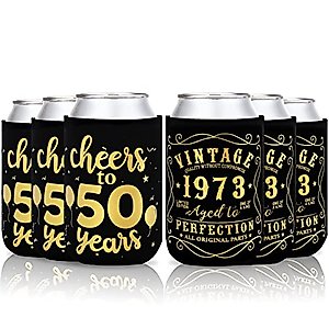 Cheers to 50 Years Can Sleeves Vintage 1973 50th Birthday Party Decorations for Men Supplies Can Cover Sleeves Black and Gold Neoprene Sleeves for Soda Can Beverage Set of 12