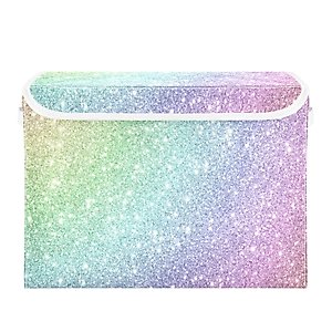 Colorful Glitter Storage Basket Rainbow Sparkle Storage Bin Box with Lids and Handle Large Collapsible Storage Cube Box for Shelves Bedroom Closet Office 16.5x12.6x11.8 In