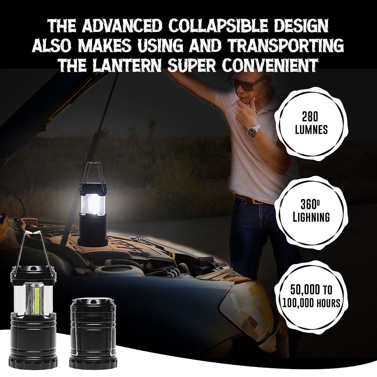 Lunabode LED Battery Powered Camping Lantern ( 2 Pack )- Portable COB Hanging Lamp Lights | Waterproof Collapsible Lantern Flashlight for Tent Lights, Power Outages, Hurricane Emergency, Hiking